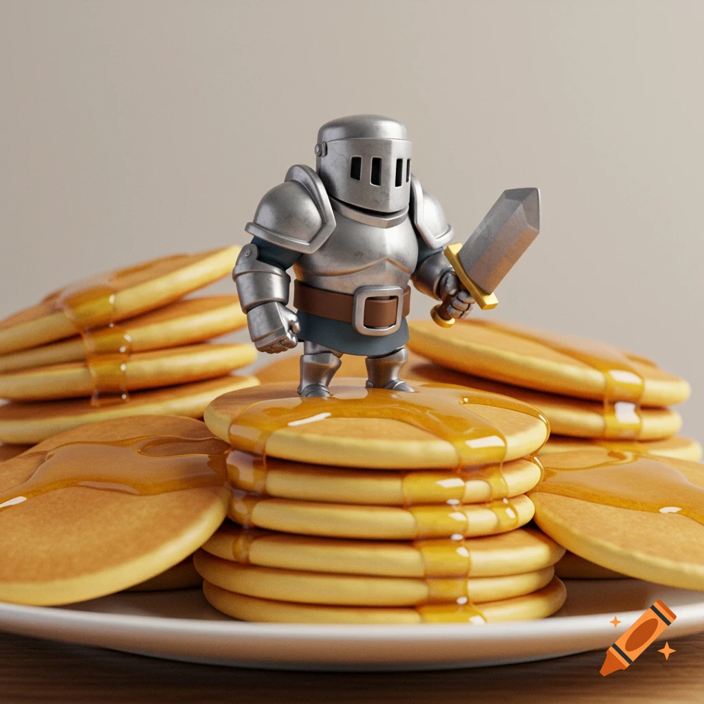 Mini Pekka figure standing on a stack of pancakes with syrup on Craiyon