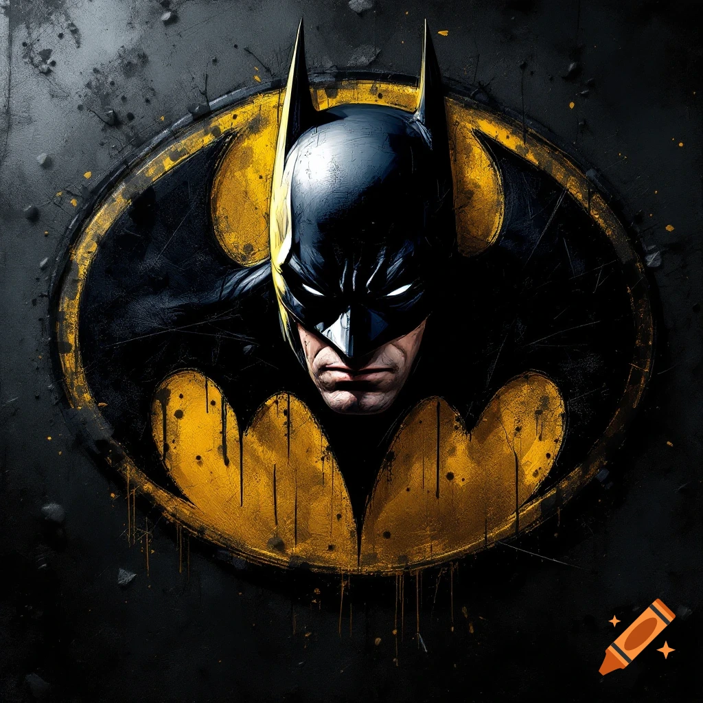 Close-up of Batman's face overlaid on a distressed yellow and black ...