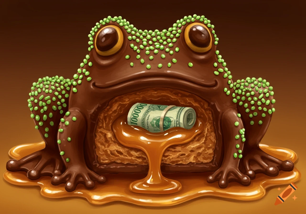 A chocolate frog cake covered in green sprinkles holds a roll of money ...