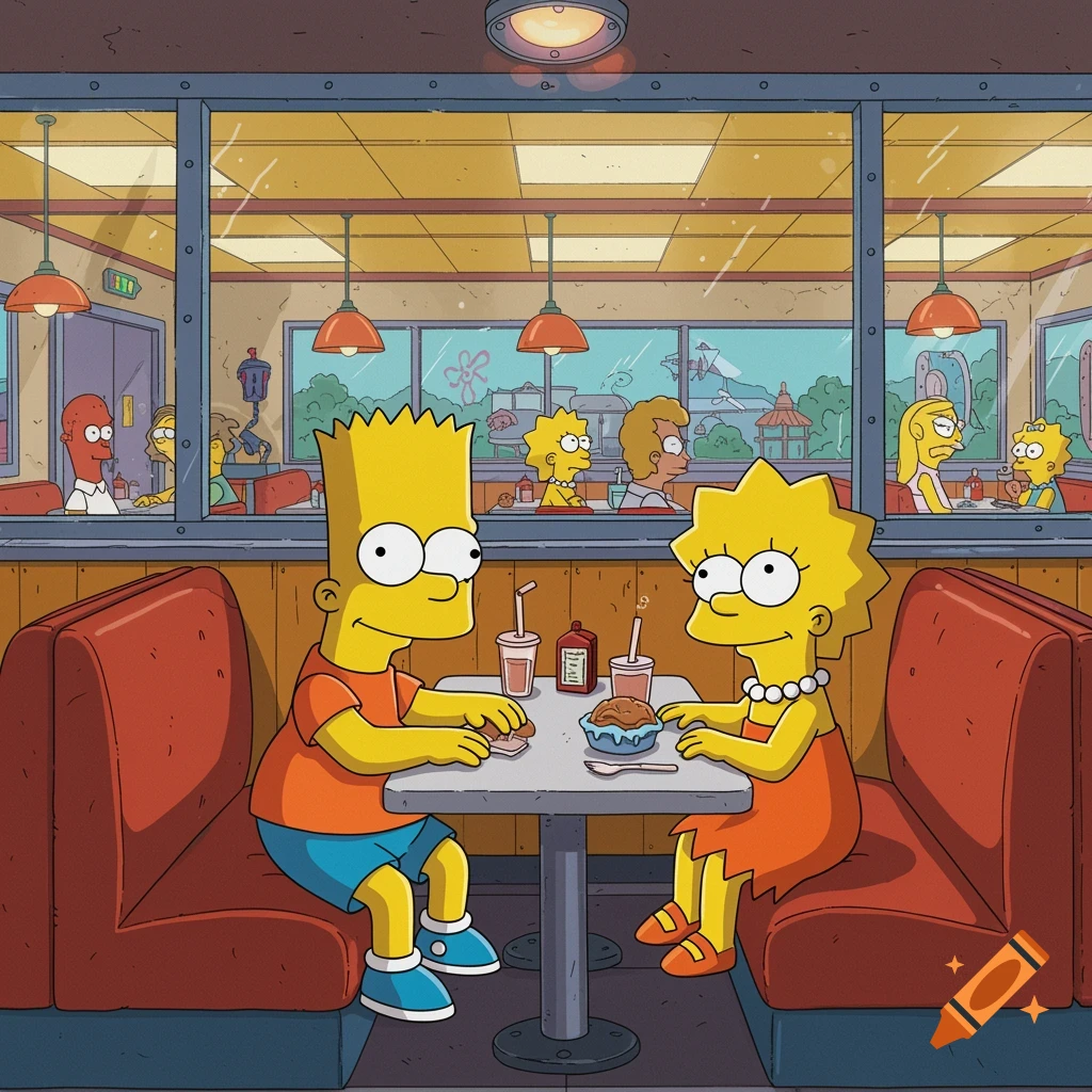 Bart and Lisa Simpson eat at a table in a diner in cartoon style. on ...