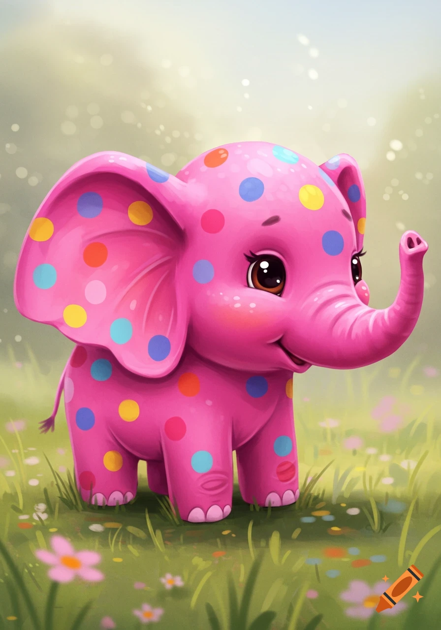 A cute pink elephant with colorful polka dots stands in a grassy field ...