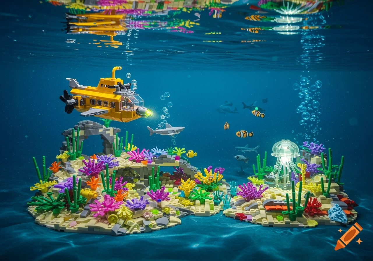 Lego underwater scene with yellow submarine, coral reef, fish, sharks ...