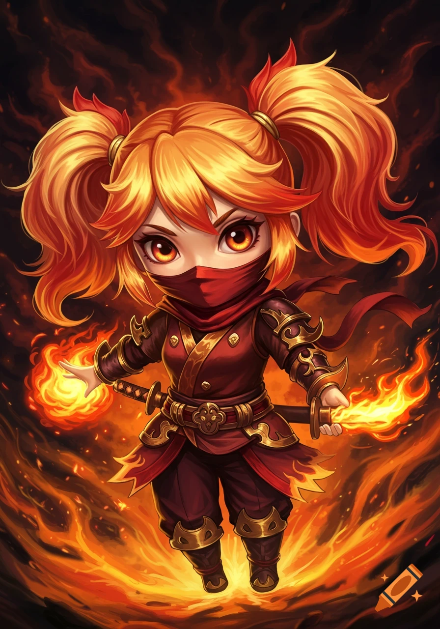 Cute chibi girl dressed as a fire ninja surrounded by flames on Craiyon