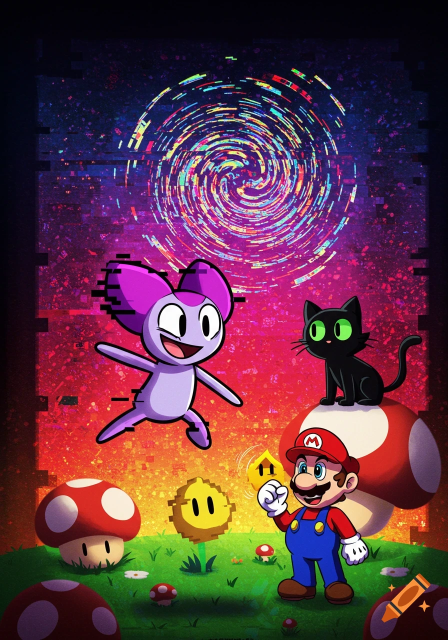 Pibby, Maxwell the cat, and Mario in a glitchy Super Mario landscape ...