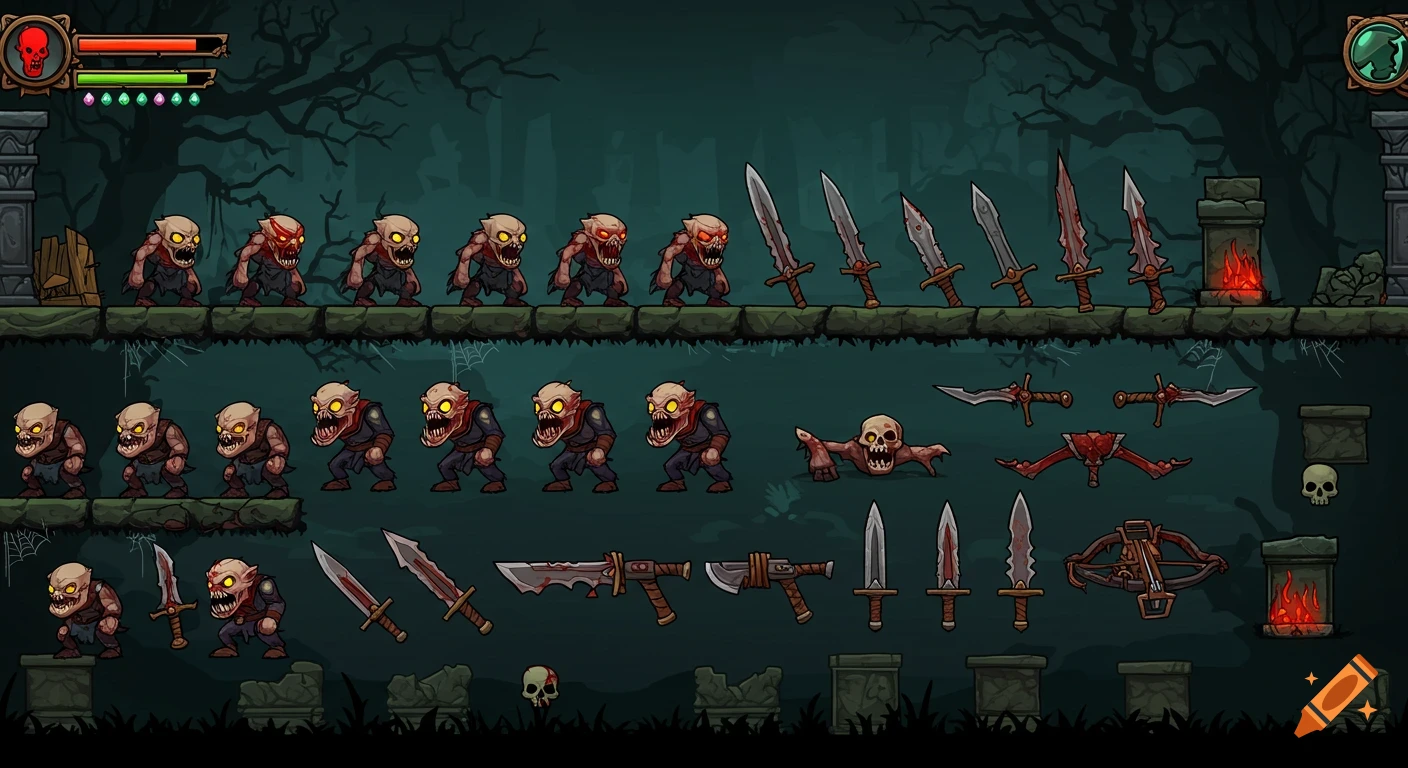 2D side-scroller game assets featuring cartoon zombie characters ...
