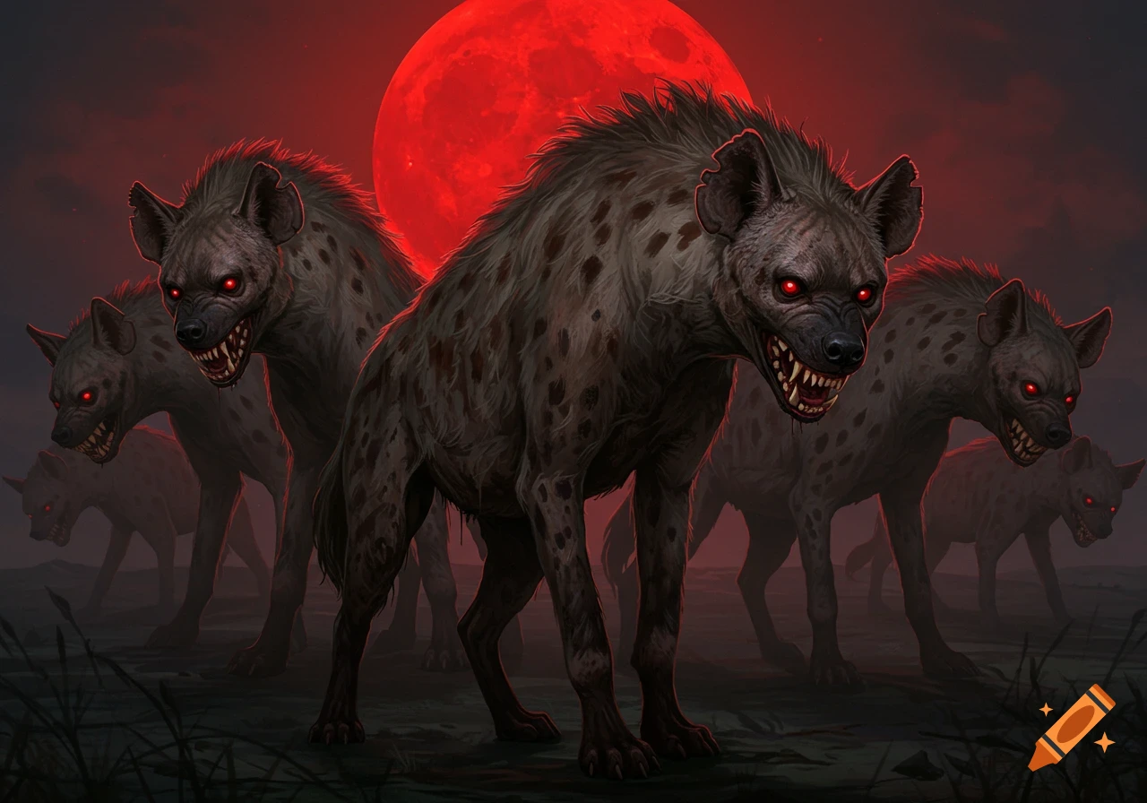Pack of hyenas with glowing red eyes under a large red moon on Craiyon