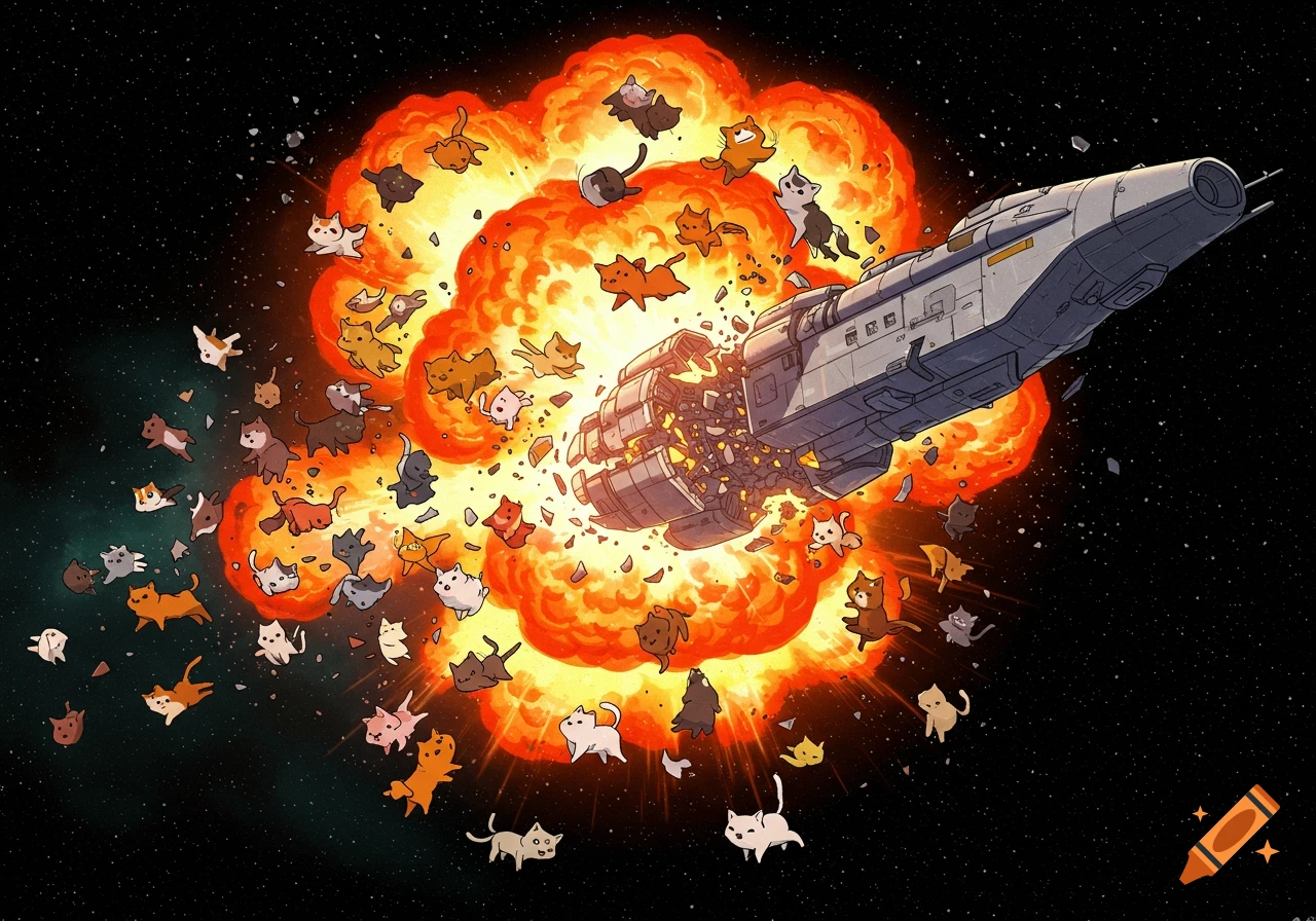 A cartoon spaceship explodes in space, with the explosion formed by ...