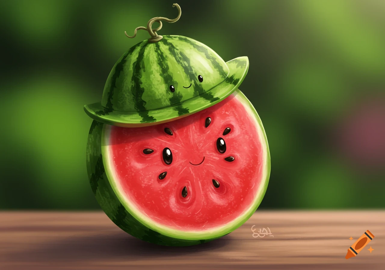 Cute cartoon watermelon character wearing a hat made of watermelon rind ...