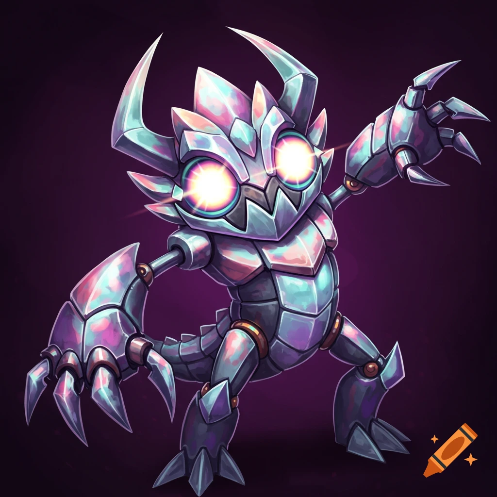 A cartoon metal monster with glowing eyes and claws. on Craiyon