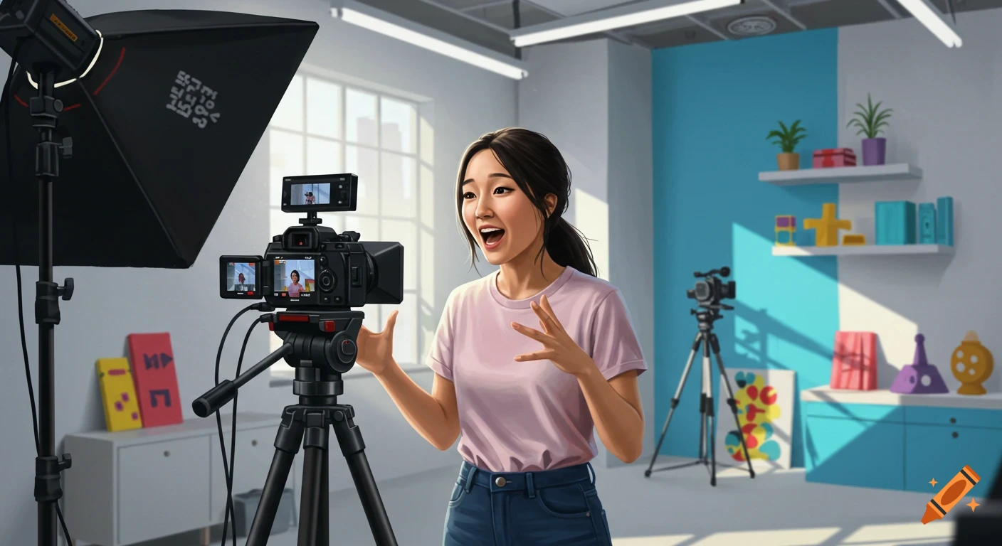 Woman speaking in a video recording studio with camera and softbox. on ...