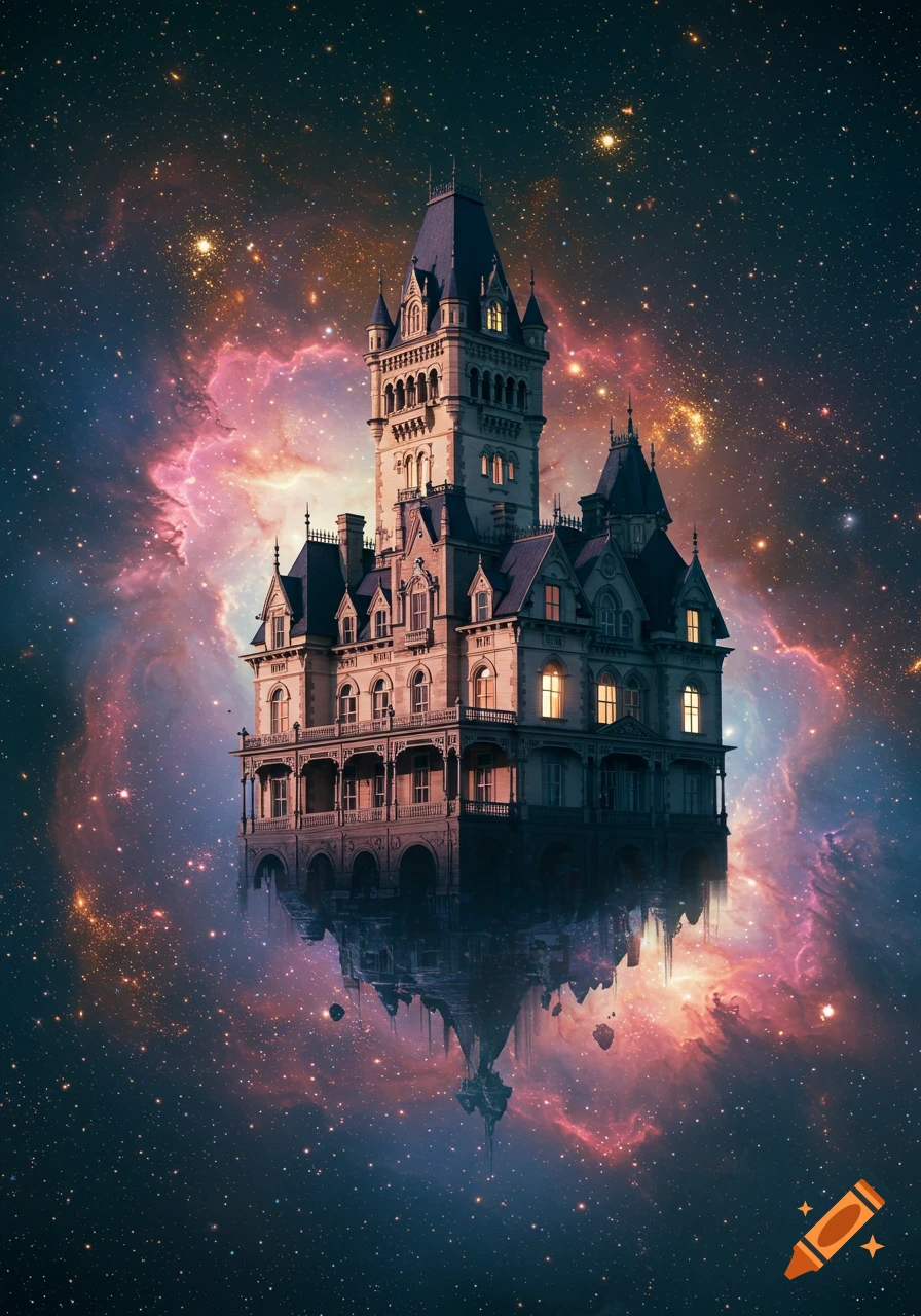 An ornate mansion floating in space amidst stars and nebulae. on Craiyon