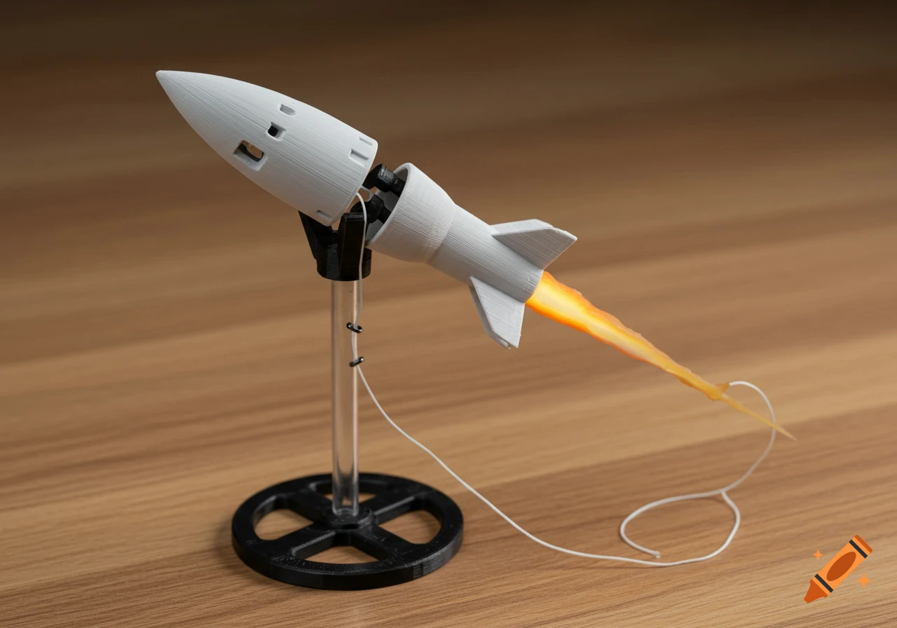 A realistic photo of a 3D-printed rocket model launching from a stand ...