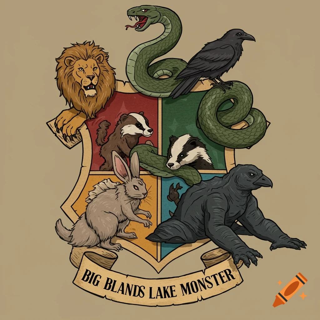 Illustration of a shield crest with a lion, snake, badger, raven ...