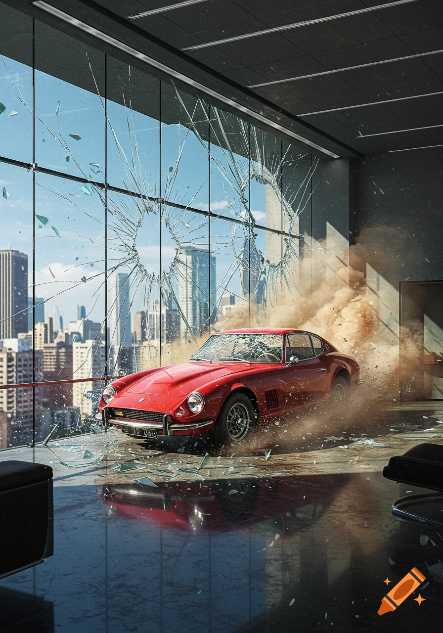 Red car crashes through a large office window overlooking a city ...