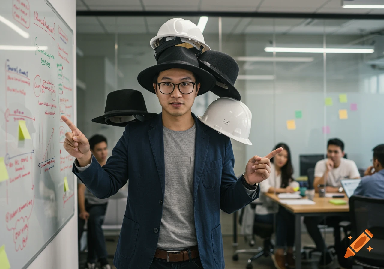 Man wearing multiple hats pointing at a whiteboard in an office. on Craiyon
