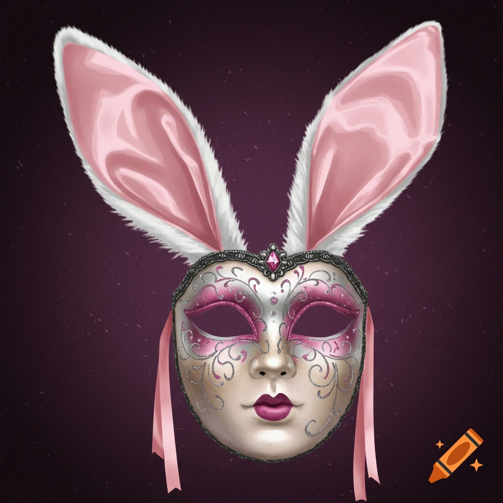 A decorative silver and pink venetian mask with long pink bunny ears ...