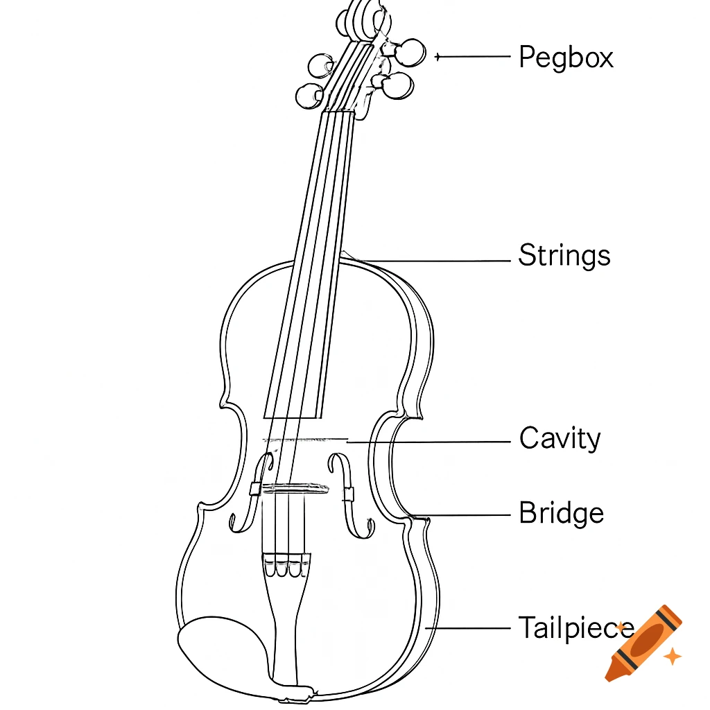 Line drawing diagram of a violin with parts labeled on Craiyon