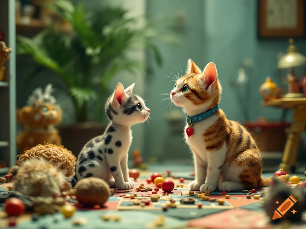 Two cute kittens sit on a patterned floor surrounded by toys in a stop ...