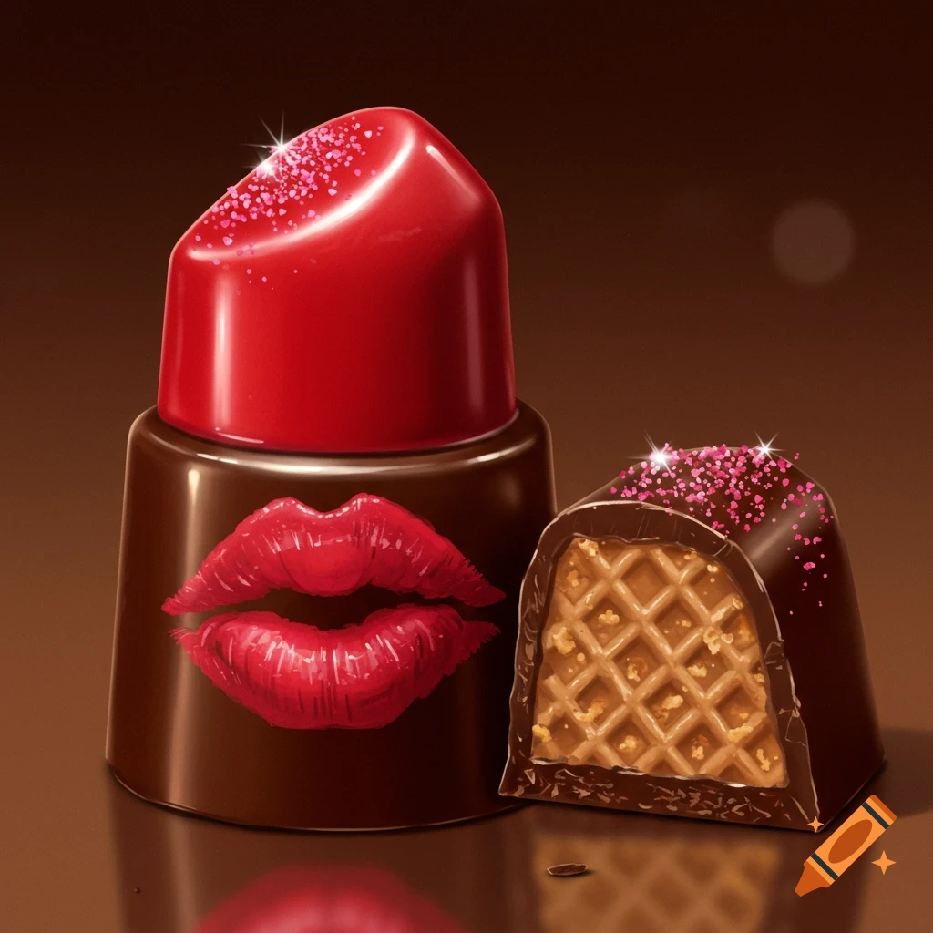 A chocolate shaped like a red lipstick with red lips printed on it ...