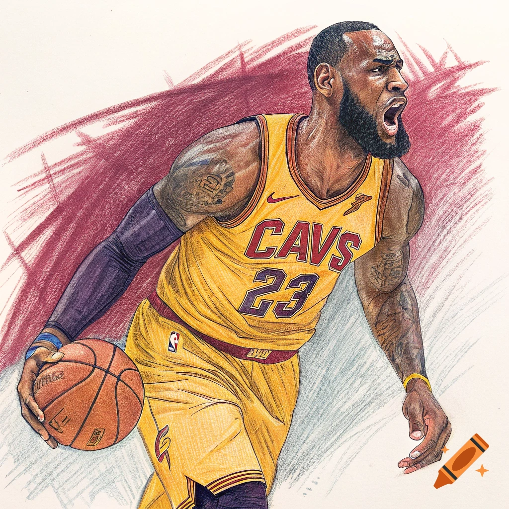 Crayon sketch of LeBron James in a Cavaliers uniform dribbling a ...