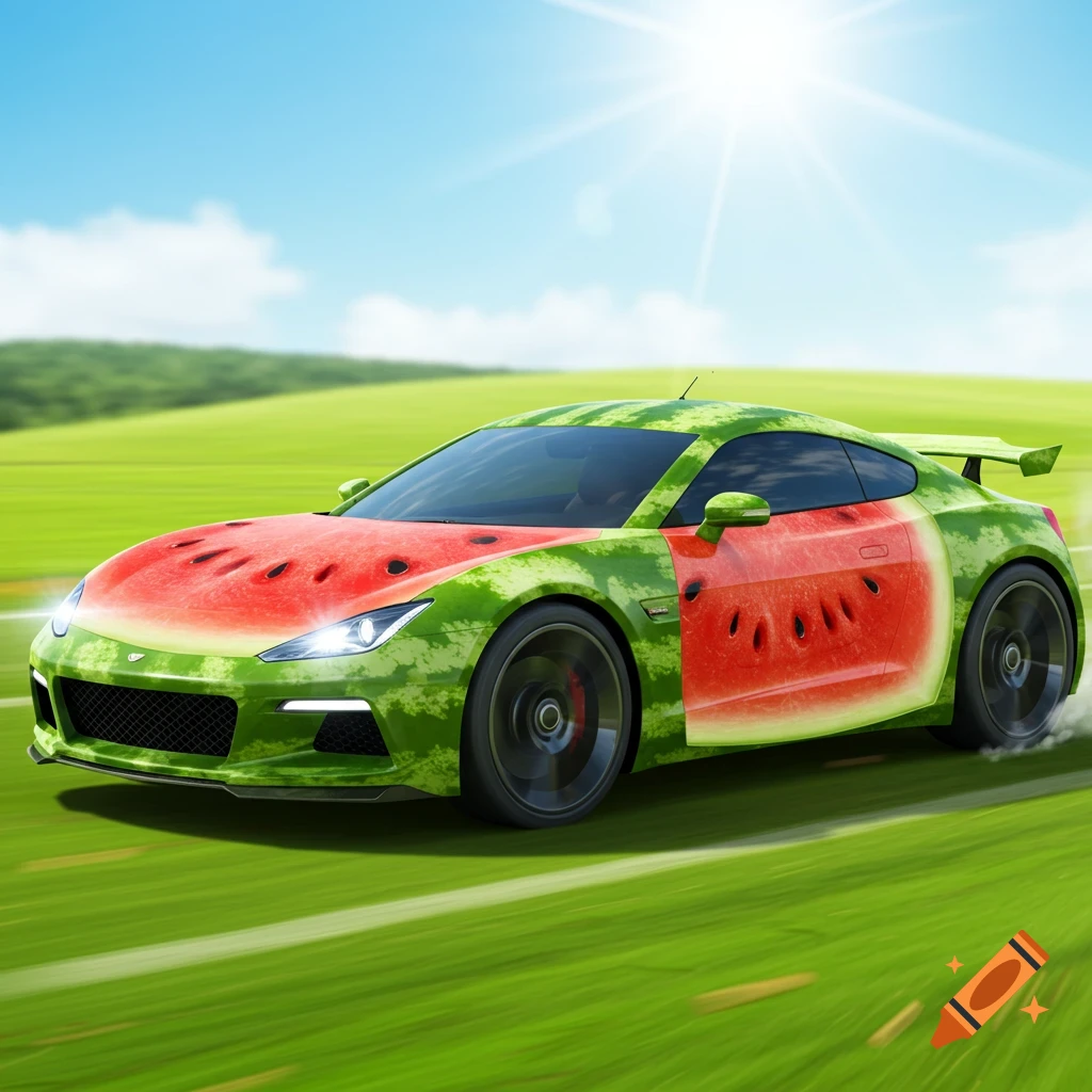 A green and red sports car with a watermelon design races on a track ...