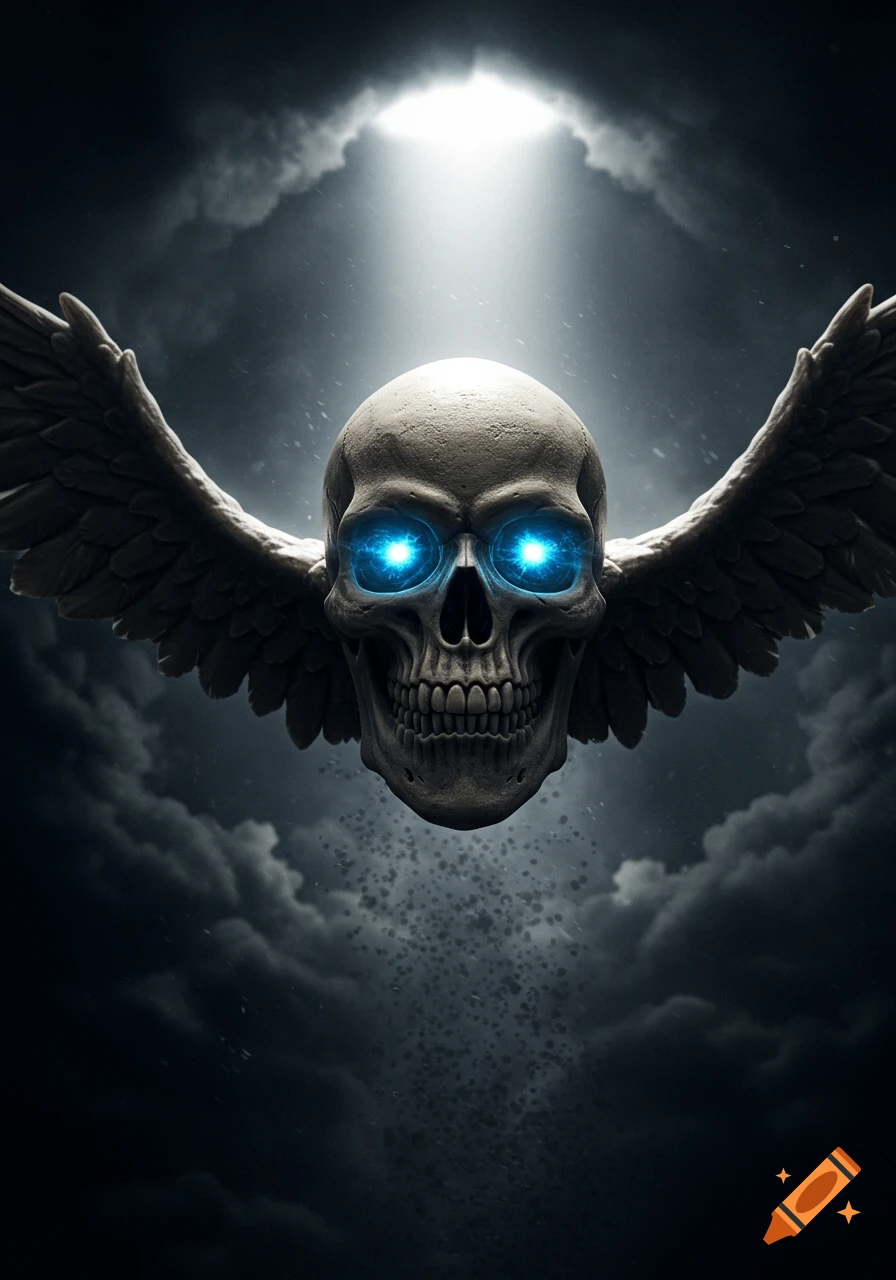 Skull with wings and glowing blue eyes flying in dark sky on Craiyon