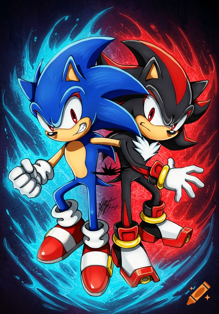Sonic and Shadow stand back-to-back with contrasting blue and red ...