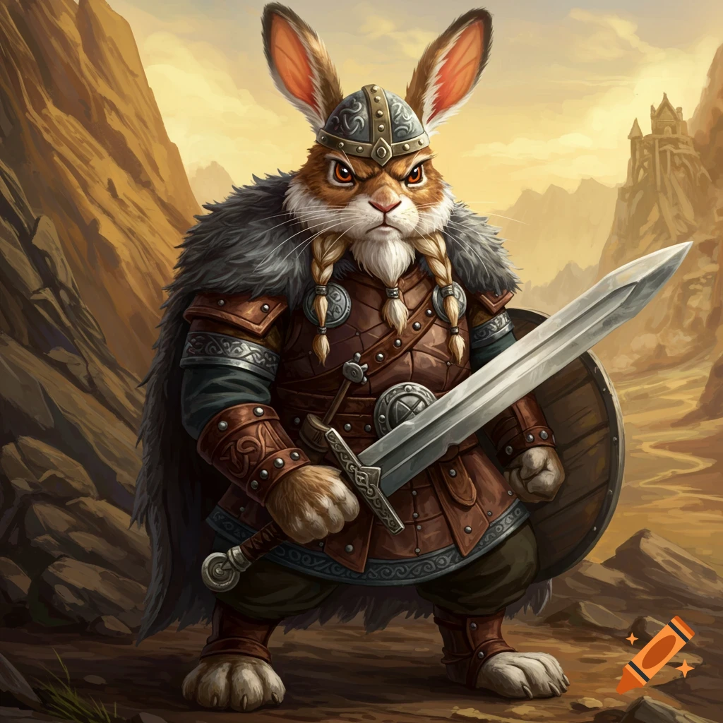 A fierce anthropomorphic rabbit dressed as a Viking warrior, wearing a ...
