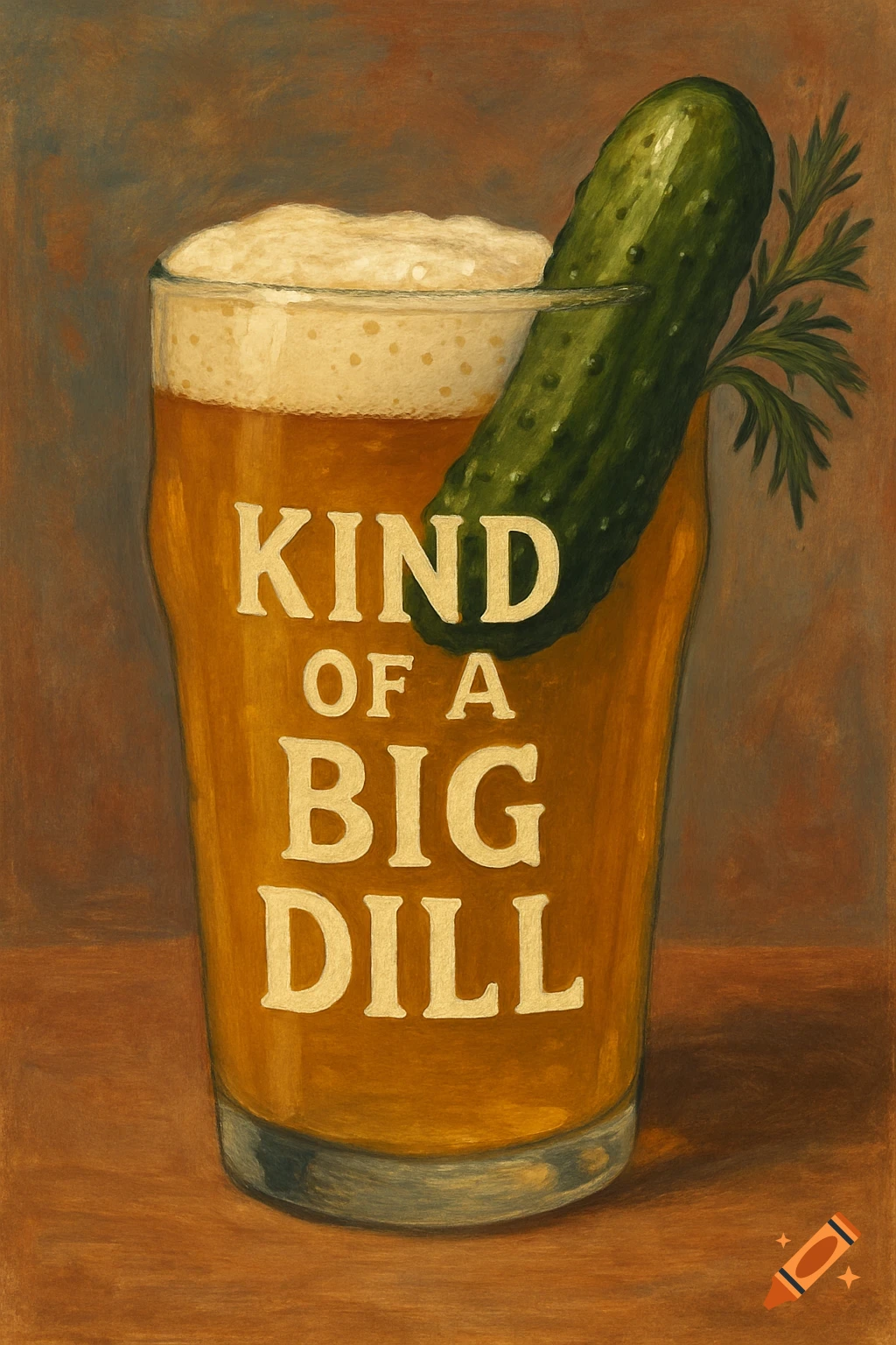 Painting of a beer glass with a pickle garnish and 'KIND OF A BIG DILL ...