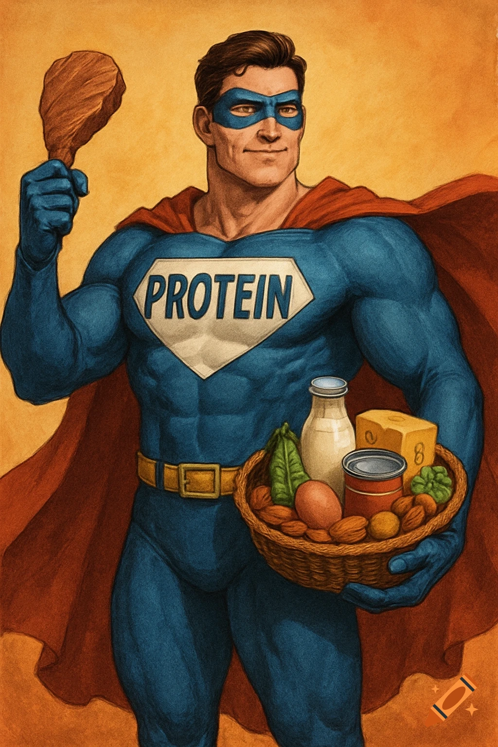 Superhero figure holding a chicken leg and a basket of eggs, nuts ...