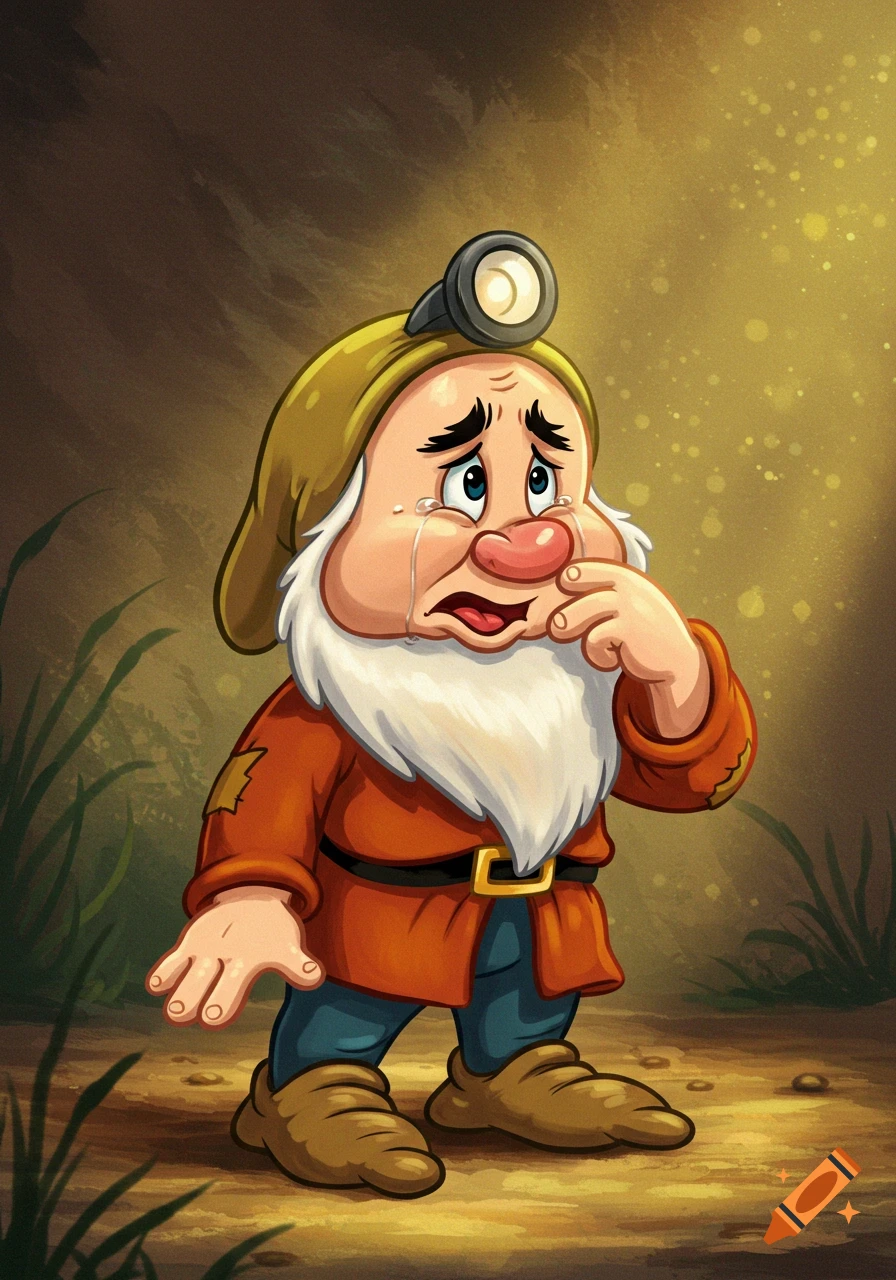 A cartoon dwarf wearing a green cap with a headlamp cries and wipes a ...