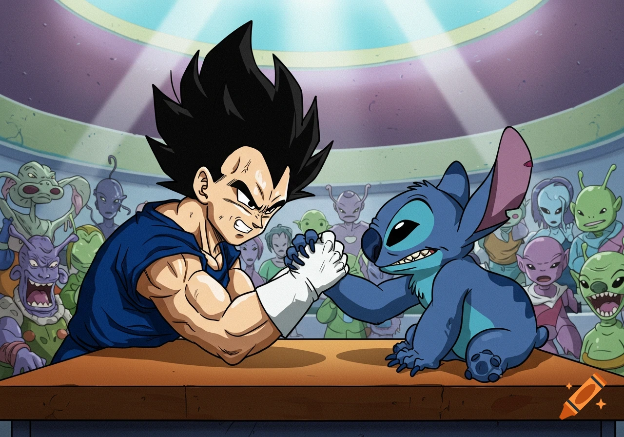 Anime style image of Vegeta from Dragon Ball arm wrestling Stitch from ...