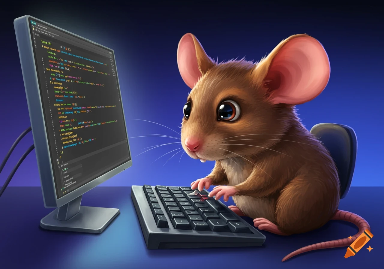 Cute cartoon mouse coding on a computer with code on the screen on Craiyon