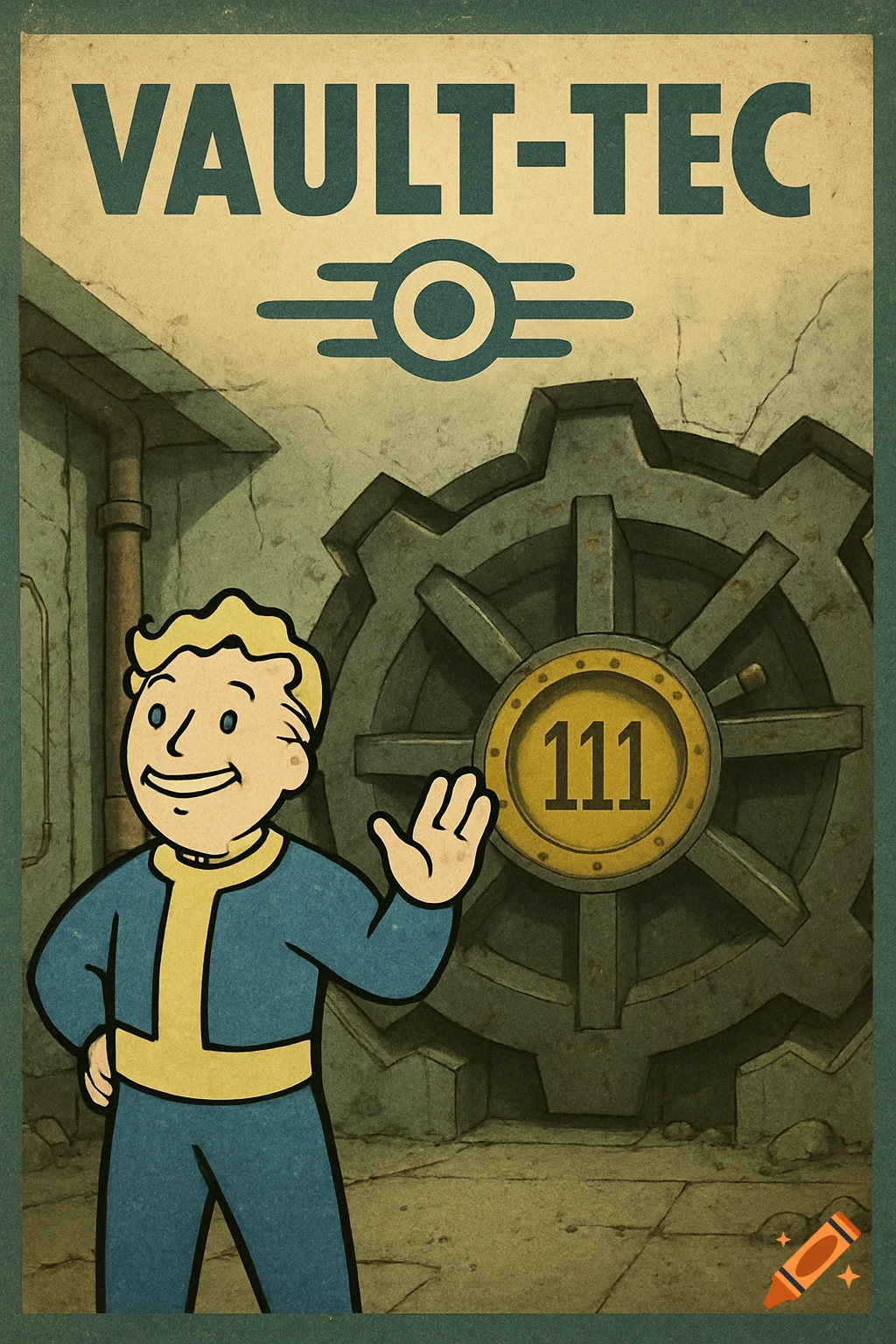 Fallout vintage poster of Vault Boy next to Vault 111 door with Vault-Tec logo and text. on Craiyon