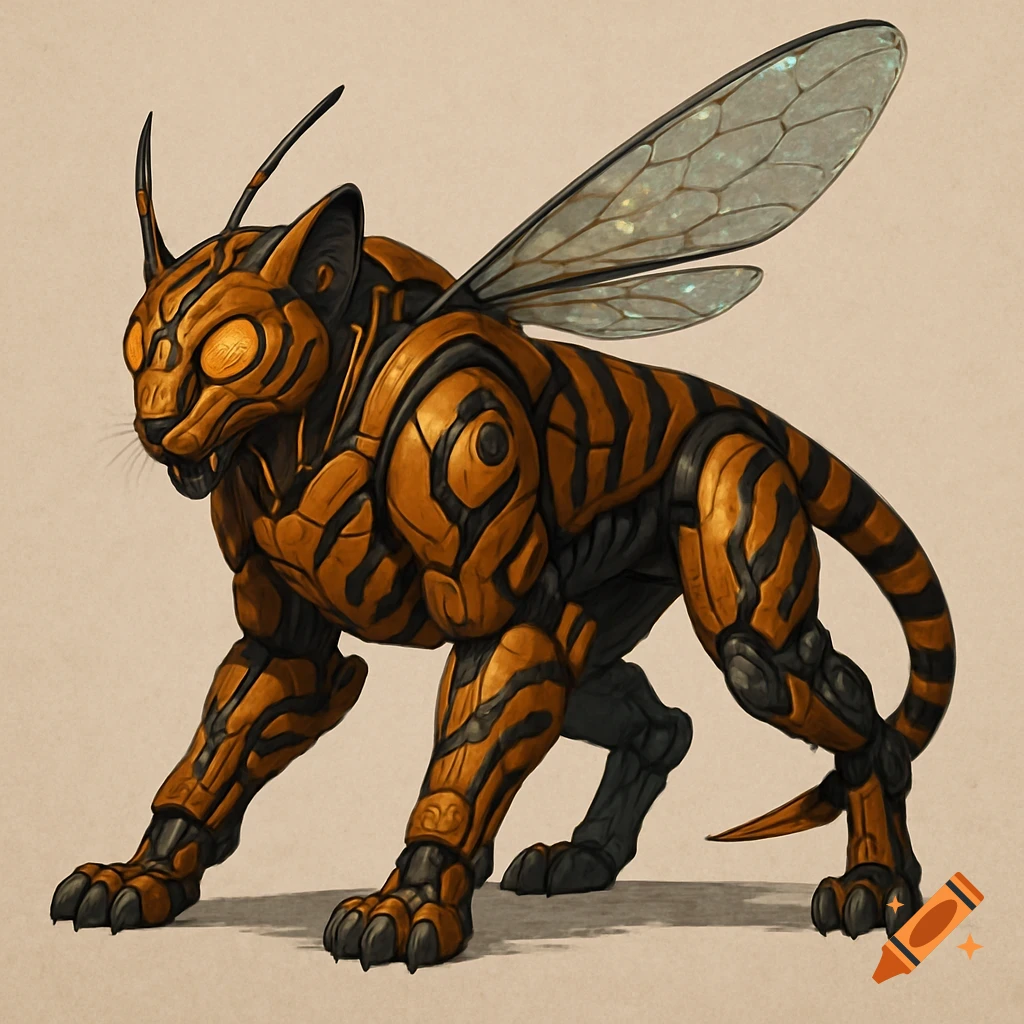 A biomechanical tiger-bee fusion creature with orange and black stripes ...