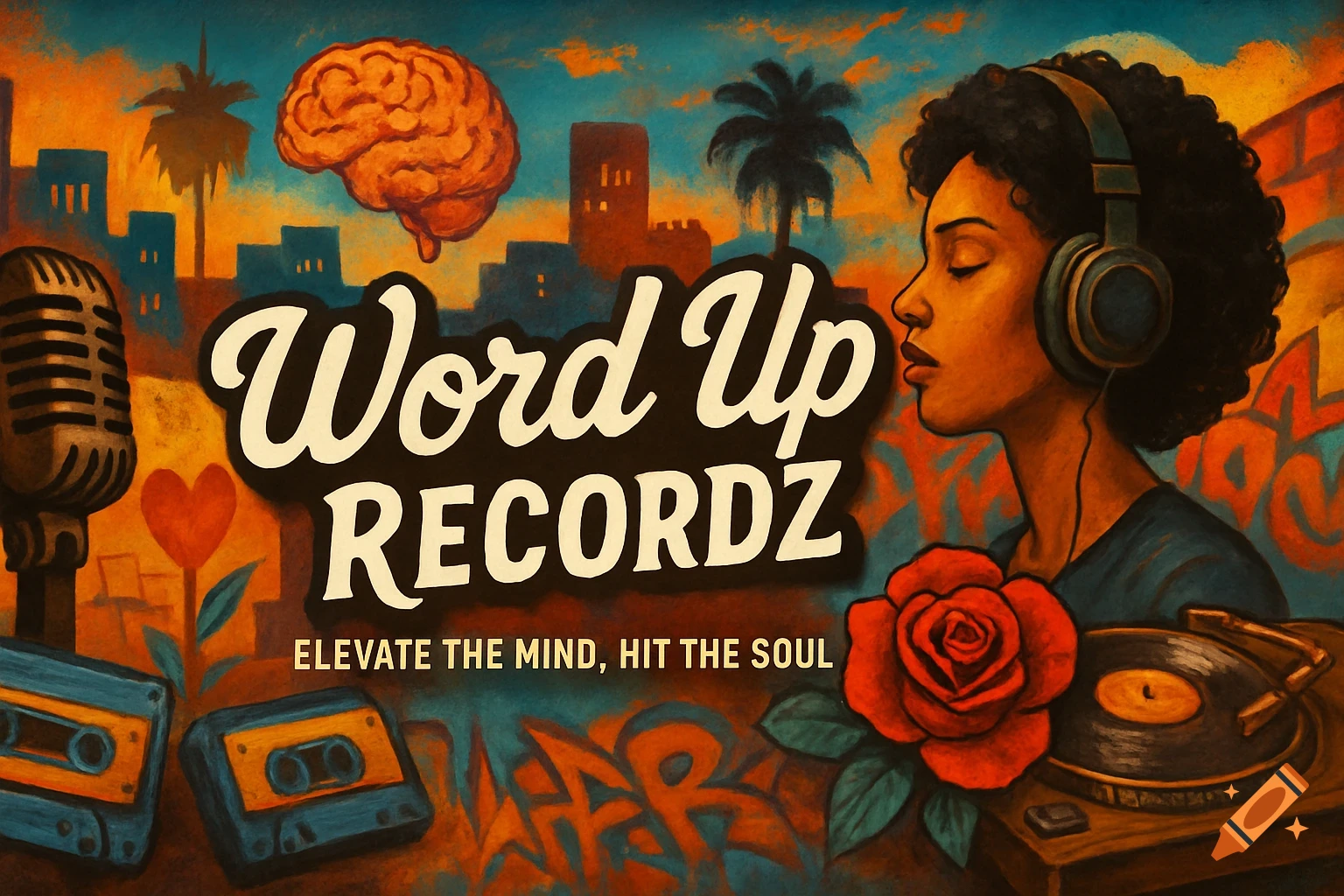 A colorful painted scene with text "Word Up Recordz", featuring a woman ...