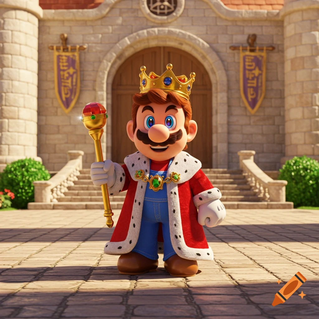 Stylized 3D render of Mario dressed as a king, holding a scepter ...