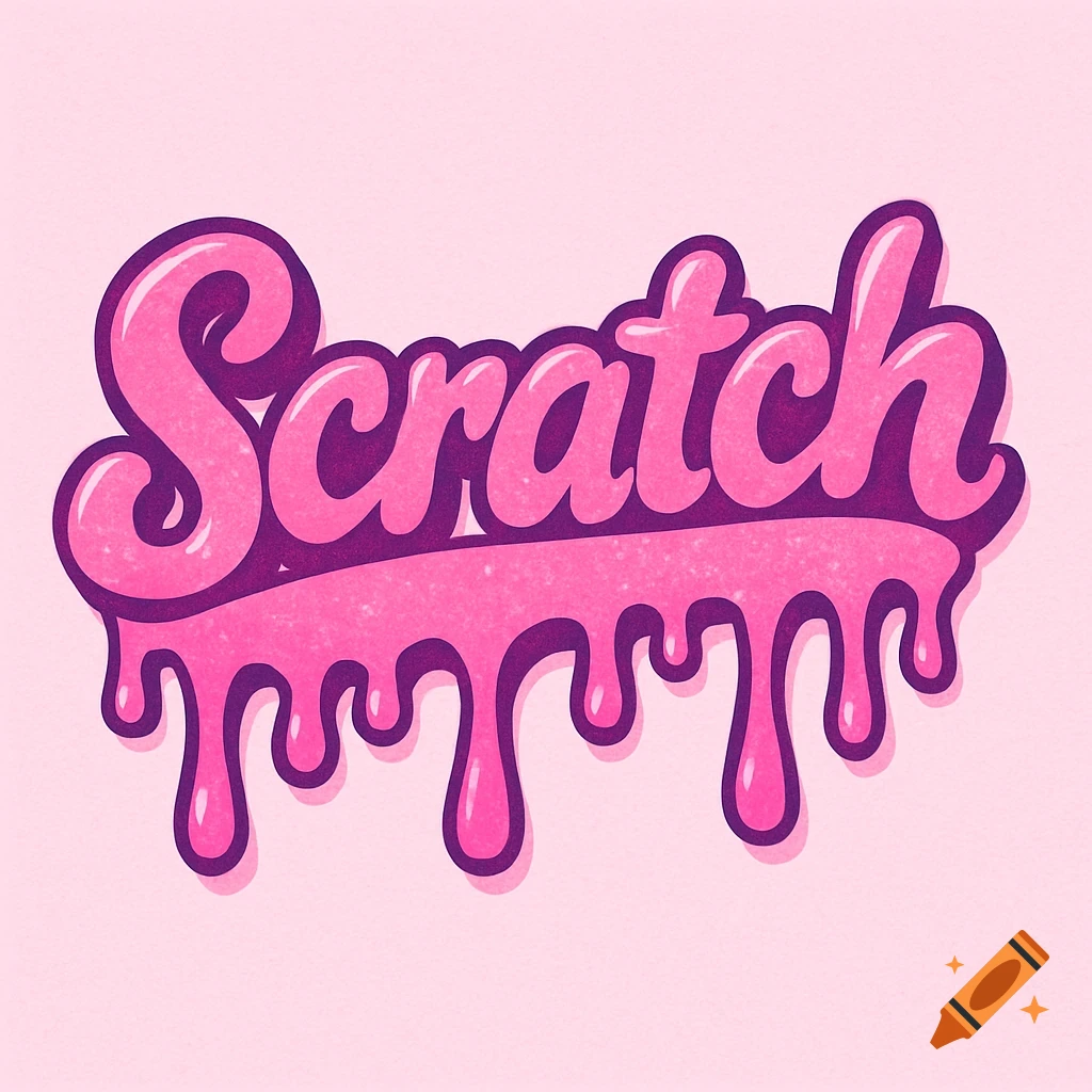 Pink logo with dripping text spelling 'Scratch'. on Craiyon