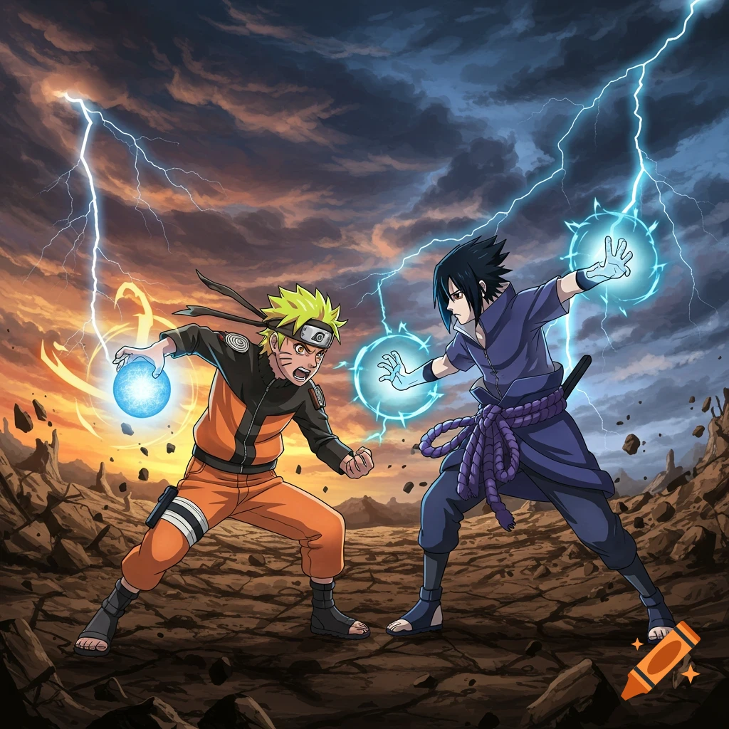 Naruto and Sasuke battle with energy powers and lightning in a stormy ...