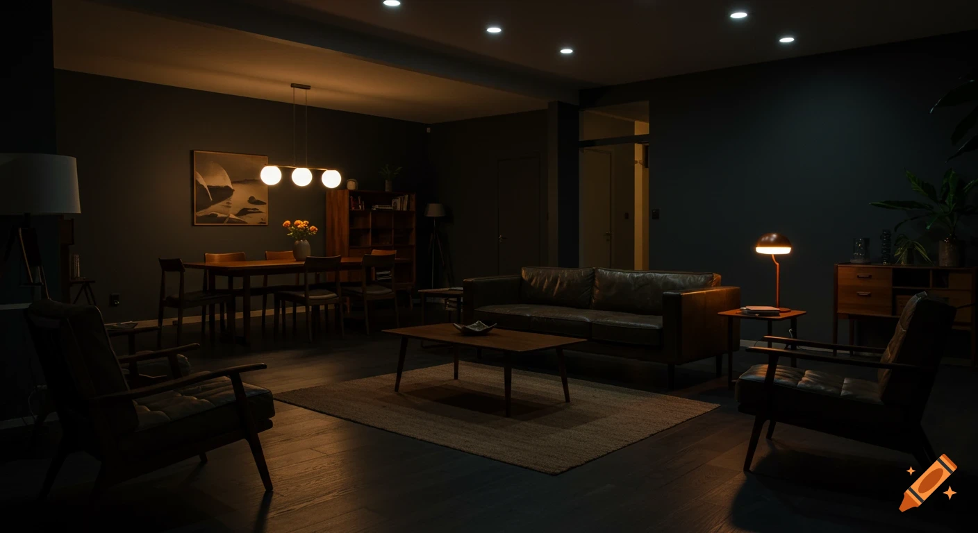 Dark mid-century modern open plan living room and dining room. on Craiyon