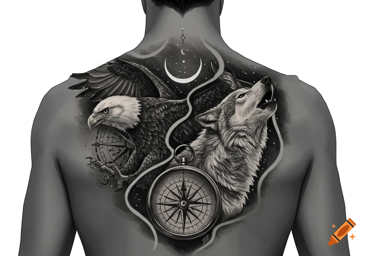 Black and grey tattoo design on a back featuring an eagle, a howling ...