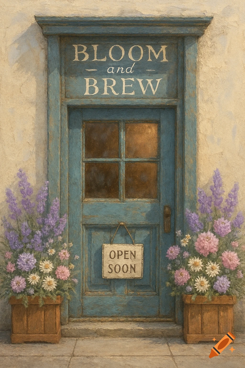 A charming blue door with flower boxes and signs that read 'Bloom and ...