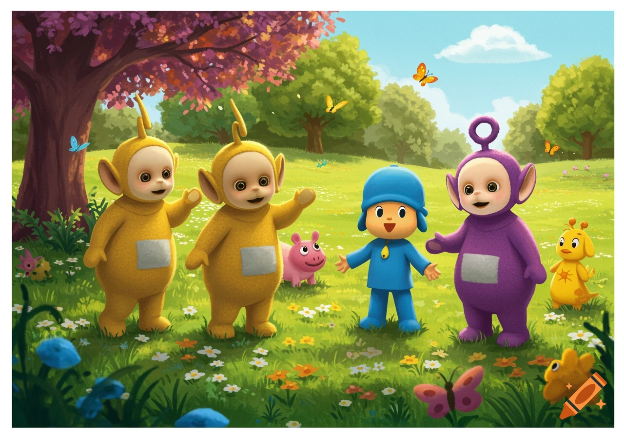 Teletubbies, Pocoyo, and other cartoon animals stand in a sunny field ...