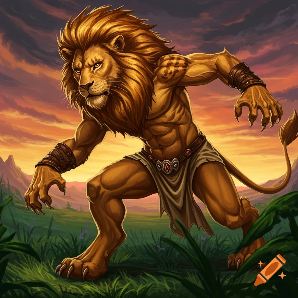 Muscular human-lion creature stands in a grassy field at sunset ...