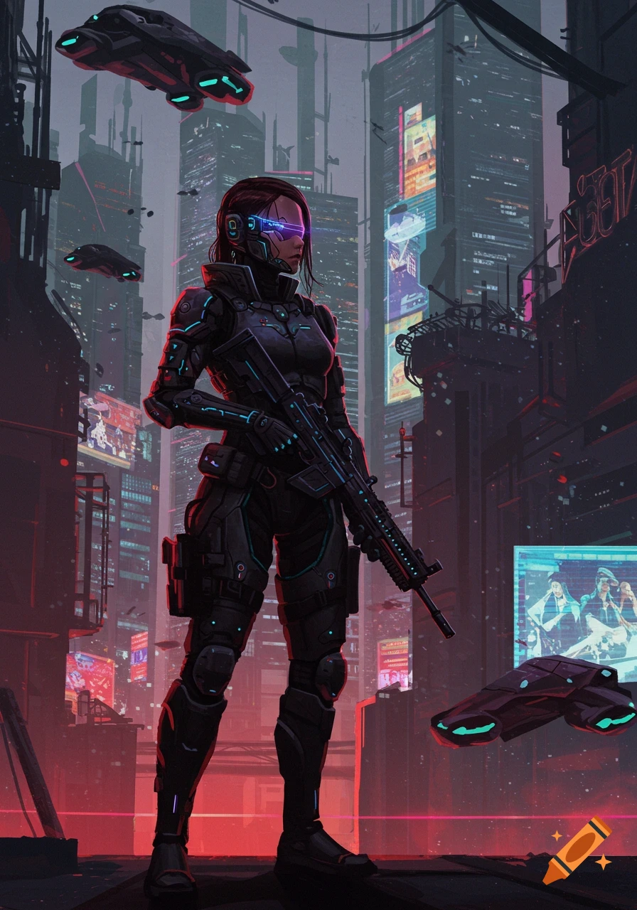 A female soldier in tactical gear stands in a neon-lit cyberpunk city ...