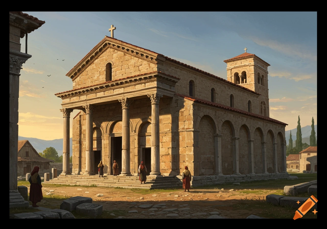 A large, ancient stone church with columns and arches stands in a dusty ...