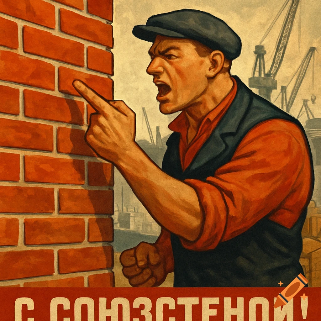Soviet-style poster of an angry man arguing with a brick wall. on Craiyon