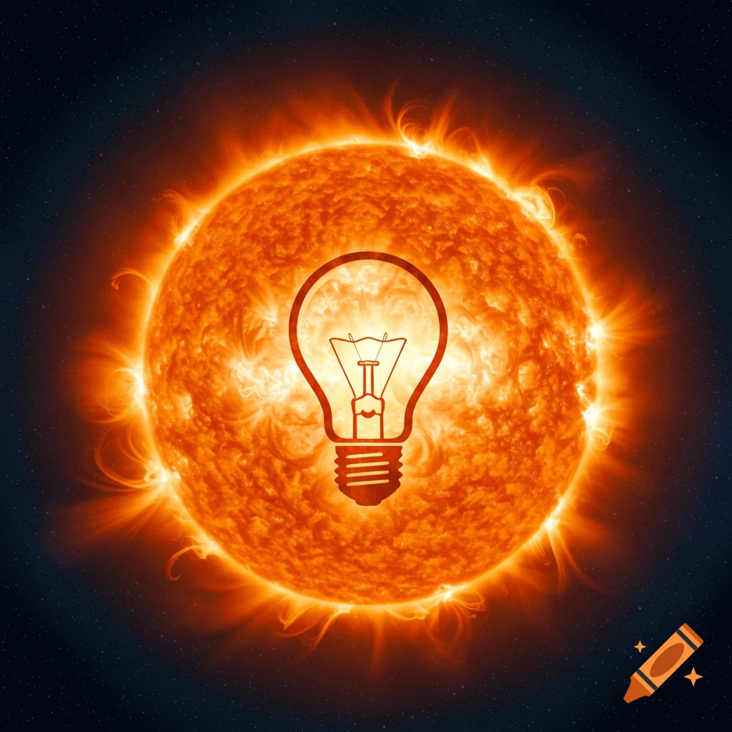 A stylized lightbulb outline superimposed on the surface of the sun ...