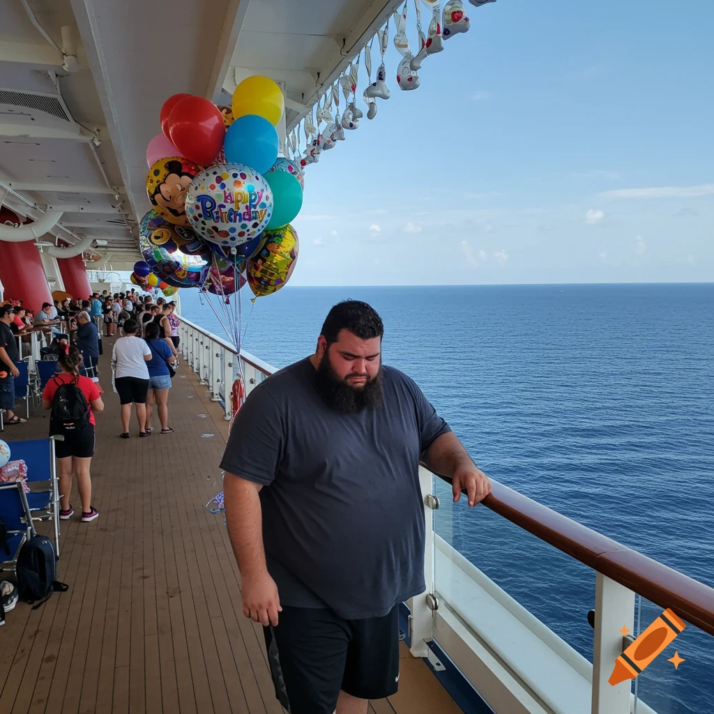 Large man looking sad on a cruise ship deck next to balloons. on Craiyon
