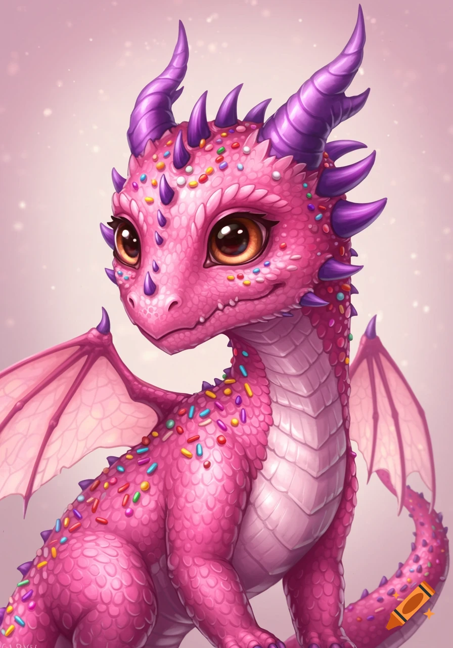 A cute pink baby dragon covered in sprinkles with purple horns and ...